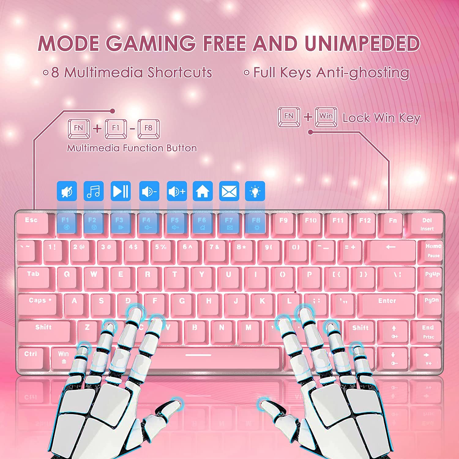 FELICON Pink Mechaincal Gaming Keyboard and Mouse Pad Combo Blue Switches USB Wired White Backlit Compact 82 Keys Anti-ghosting,Compatible with Windows PC Laptop Mac Game Office