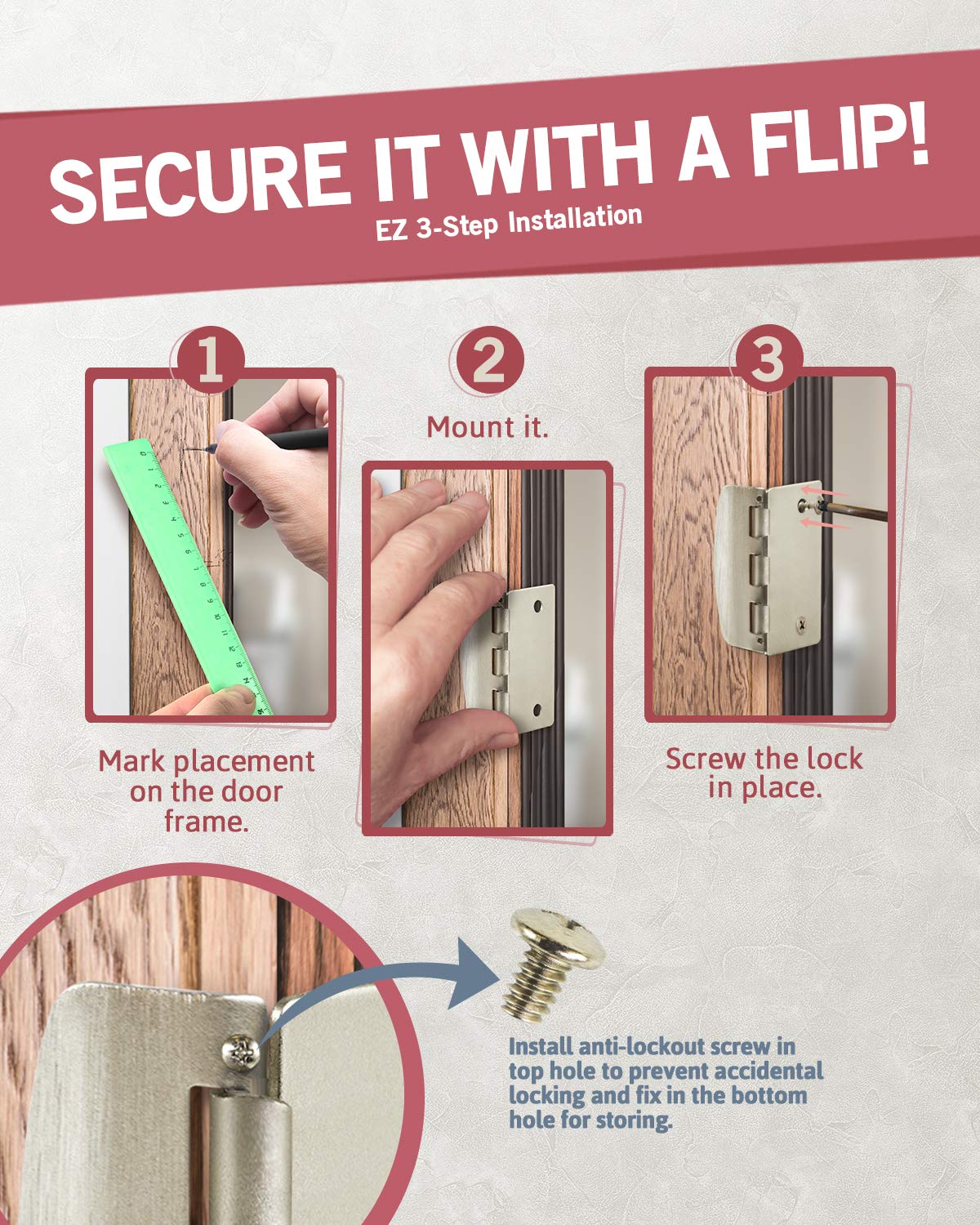 Jack N’ Drill Flip Action Door Lock (6 Pack)- Reversible Privacy Door Locks with Anti Lockout Screw for Child Proofing and Home Defense, Easy to Install and Durable Lock for Interior Swing-in Doors