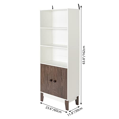 4 Tier Bookcase Storage Cabinet, 63 Inches 4 Tiers Tall Open Bookshelf with 2 Doors, Anti-toppling Device, Freestanding Wooden Storage Display Shelf for Home Office (White)