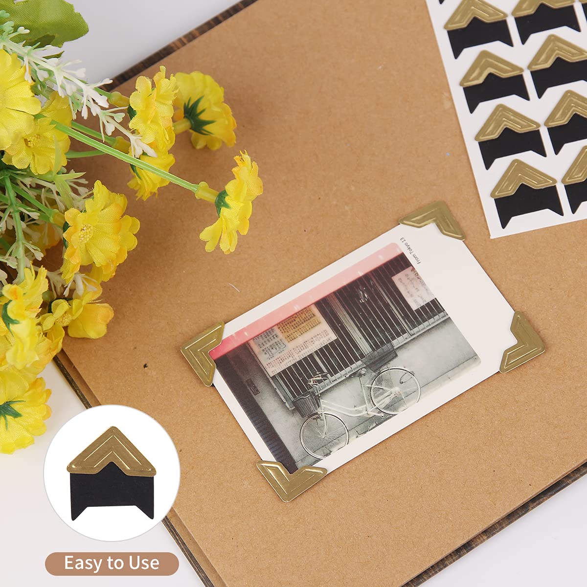 GOONAVI 15 Sheets 360 Pcs Photo Corners Mounting Self Adhesive for DIY Photo Album Journal Gold On Black