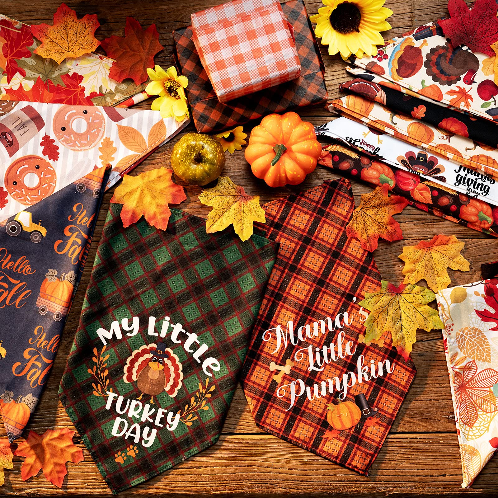 12 Pieces Thanksgiving Pet Bandana Fall Dog Bandanas Dog Fall Clothes Accessories Maple Leaf Pumpkin Patterned Autumn Pet Triangle Scarf Bibs for Large Small Dog Kerchief Cat Pet Fall Outfit Washable