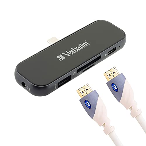 Verbatim 6-in-1 USB C Hub Adapter - 100W Power Delivery, USB 3.0 Ports, SD Card Readers, 3.5mm Audio Port for USB C Laptops + 6FT Monster 4K Ultra HDMI Cable
