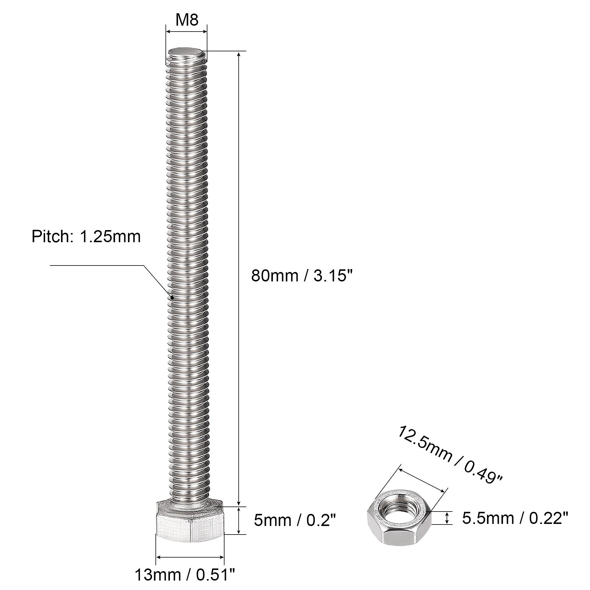 uxcell M8 x 80mm Hex Head Screws Bolts, Nuts, Flat & Lock Washers Kits, 304 Stainless Steel Fully Thread Hexagon Bolts 4 Sets