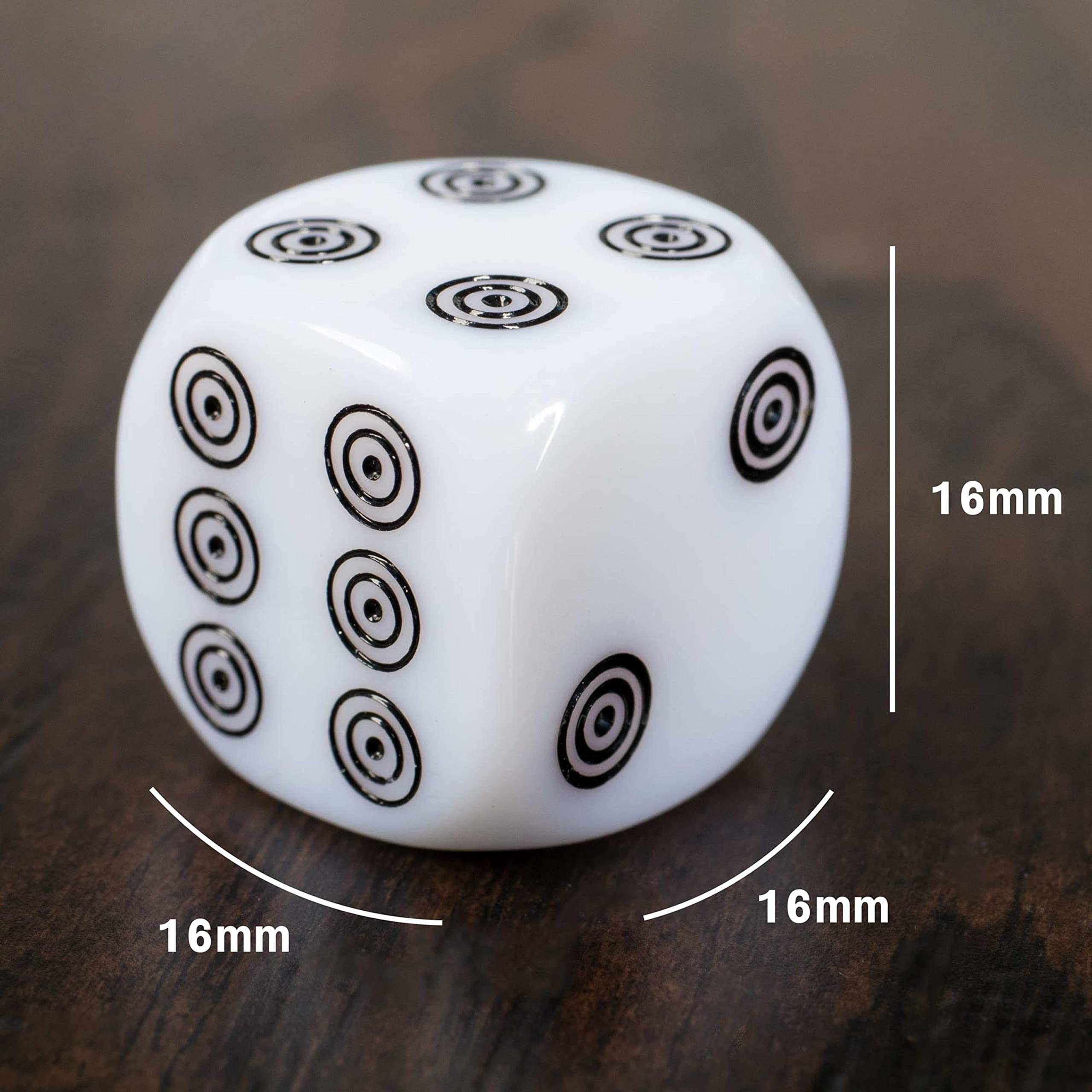 50-Pack of Bullseye Dice - 16mm Six Sided Dice with Unique Target Pips - Classic Dice for Games Like Farkle, Liar's Dice, Bunco, Balut, 10000, Craps, and More