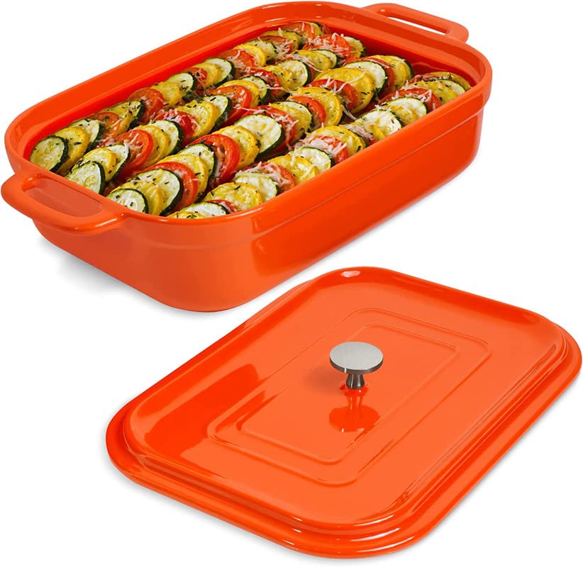 16.9x10 inch-4.5 Quart-Ceramic Casserole Baking Dish with Lid-Large Baking Pans for Cooking Roasting and Baking-Extra deep Lasagna Pan for Deep Baking Dish-Nontoxic Cookware-Red
