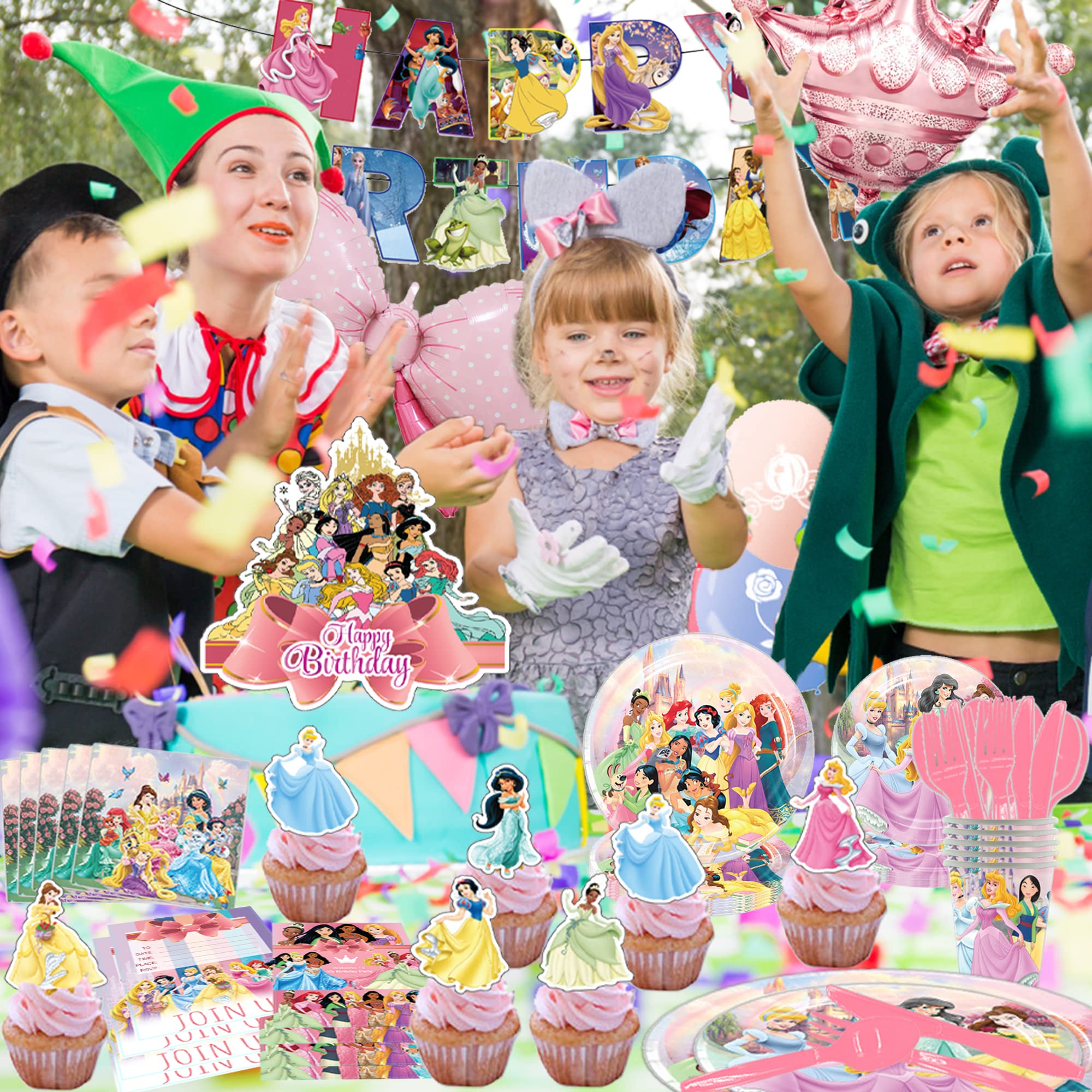 162pcs Princess Birthday Decoration For Girls,With Balloon,Cake Toppers, Pennants ,Invitation letter,Stickers, Plastic Swirls, Tableware,Paper Cup,Tablecloth, Backdrop For Girls Theme Party