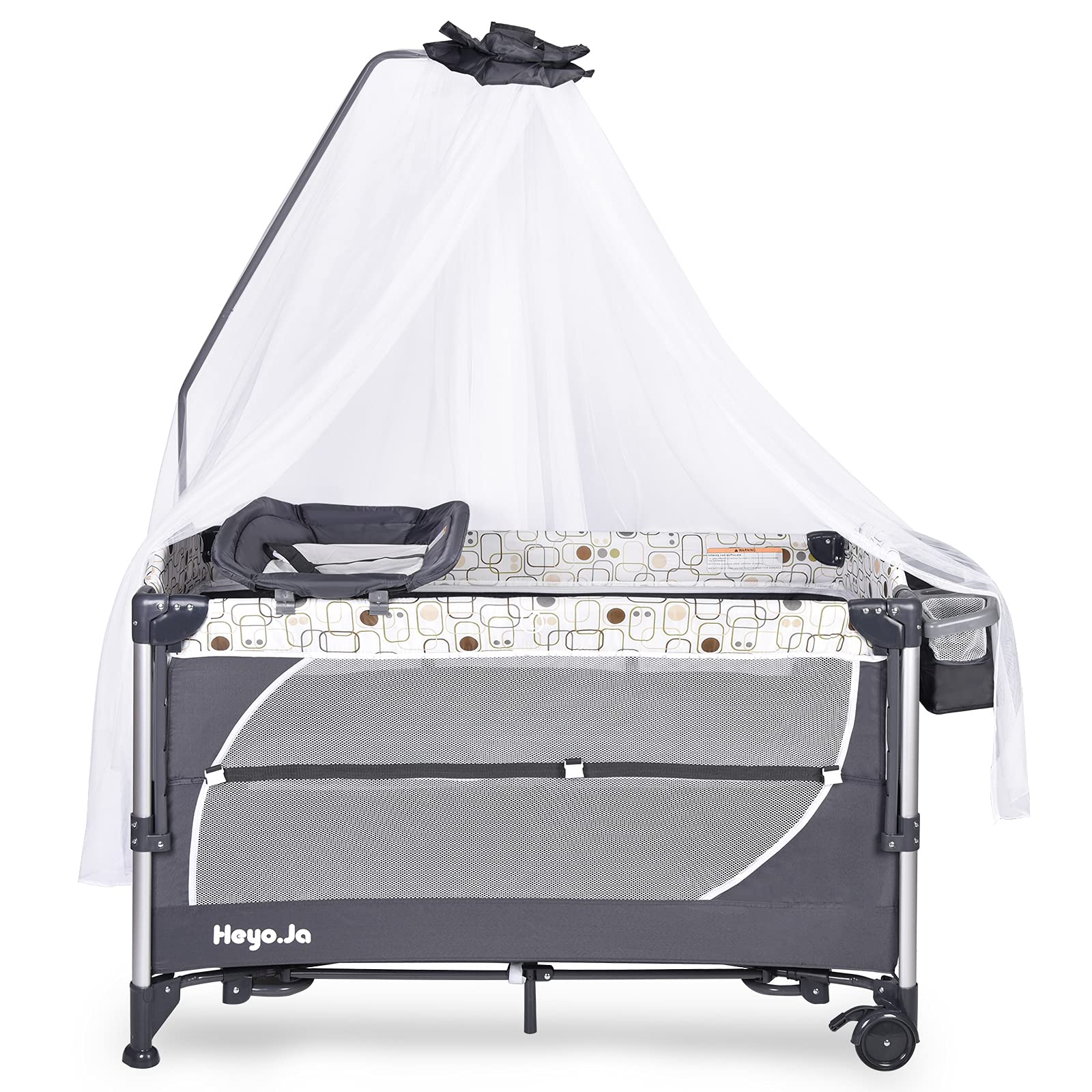 Heyo.Ja Double Layer Baby Portable Playard, 5 Height Adjustable Crib,Changing Table, Foldable Bassinet Bed with Luxury Mosquito Net,Toys Bag,Wheels & Brake, Game Entrance for Boys Girls(Grey)