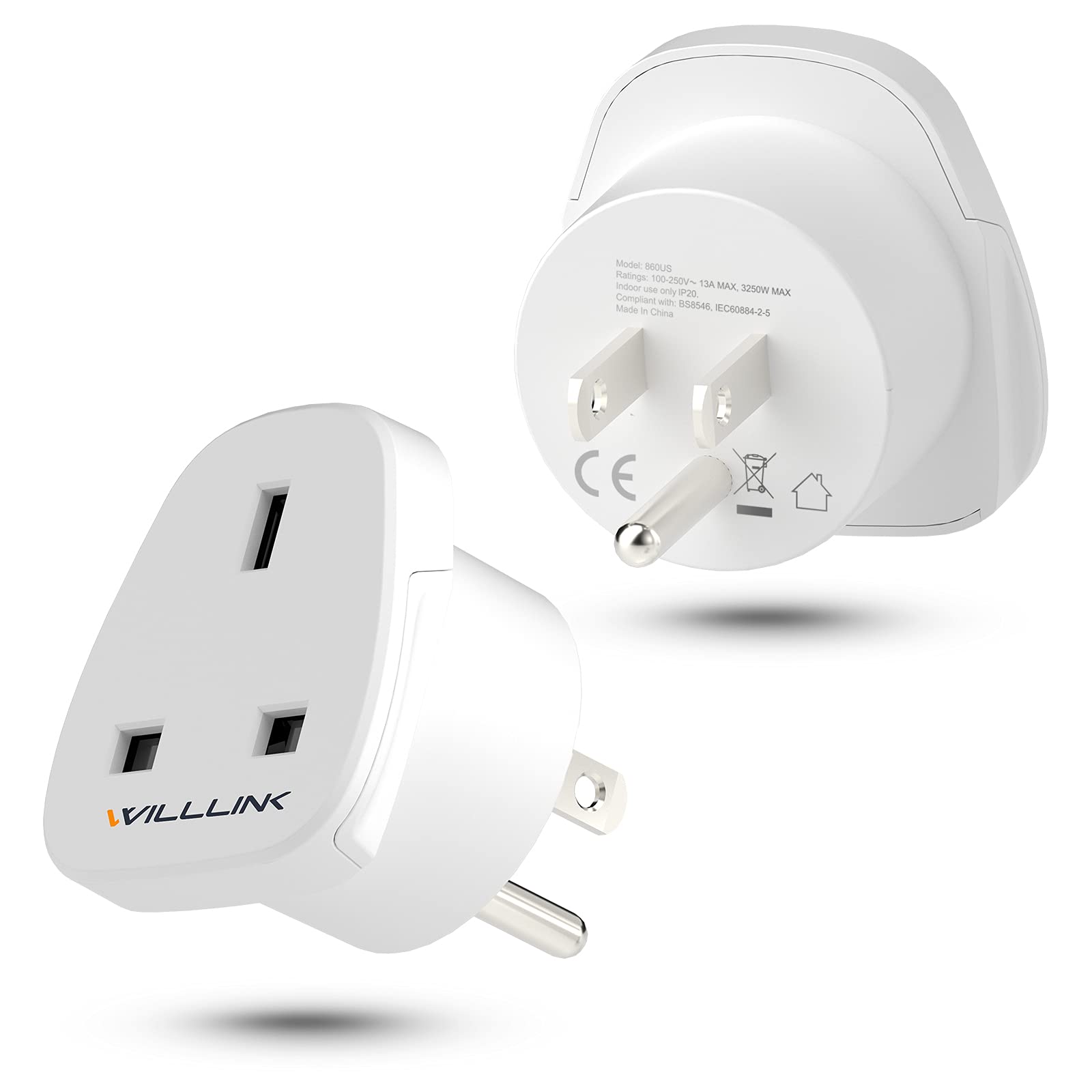 UK to US Plug Adapter [2pack], United Kingdom Plug to America Converter, Convert Type G Plugs from Britain Singapore HK Qatar Saudi UAE Ireland to USA Type B (White)