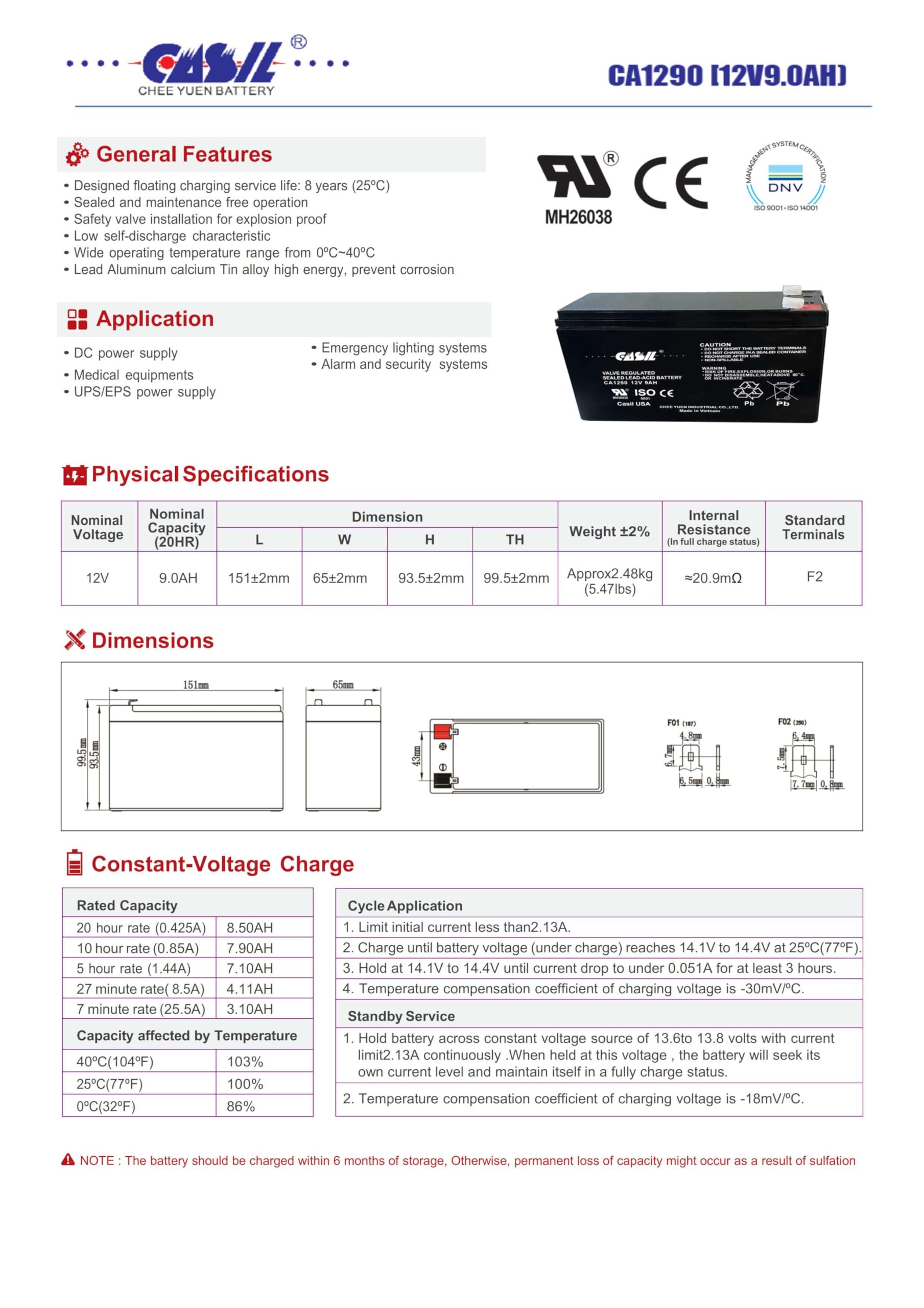 Casil CA1290 12v Rechargeable Battery 12V 9Ah AGM Battery - Rechargeable 12V SLA Battery - Sealed Lead Acid Battery - 12 Volt 9ah Battery with F2 Terminal