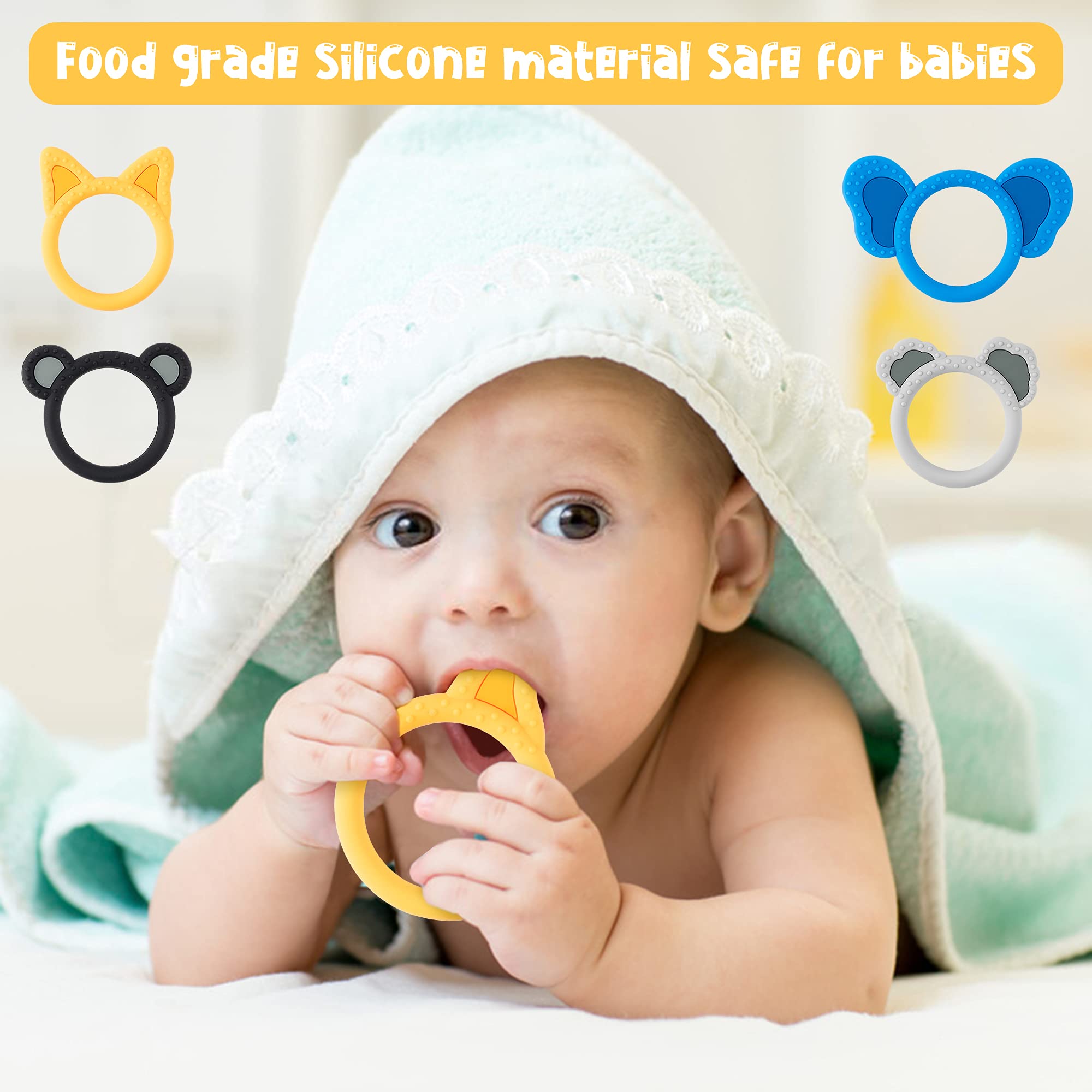 GROBRO7 4Pcs Silicone Baby Teether Toy Elephant Dog Koala Monkey Shape Teeth Relief Toys Infants Teething Chewing Ring Sensory Oral Chew Tools for Newborn Babies Shower Birthday Christmas Gift