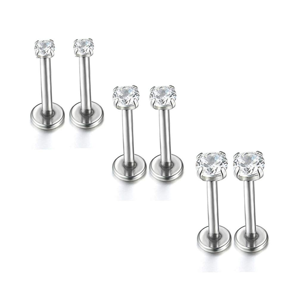 16g 2/3/4mm Cubic Zirconia Stainless Steel Triple Forward Helix Ear Cartilage Tragus Studs Earrings Lip Piercing 8MM Bar 3 Pairs A Set