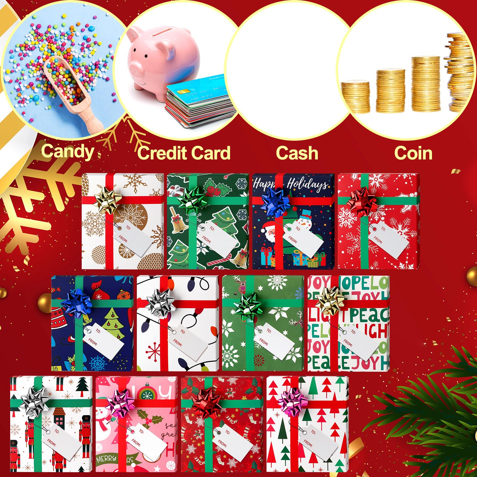 12 Pack Christmas Card Holders Boxes with Bow, Boxes for Gifts Christmas Money Holder Money Box Gift Wrap Boxes for Xmas, Party Favors