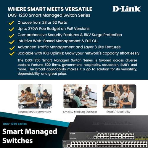 D-Link 28-Port Gigabit Smart Managed PoE+ Switch | 24 PoE+ Ports (370W) + 4 10G SFP+ Ports| L2+/L3 Lite |VLANs |Web Managed |Surveillance Mode | Rackmount | NDAA Compliant (DGS-1250-28XMP-6KV)