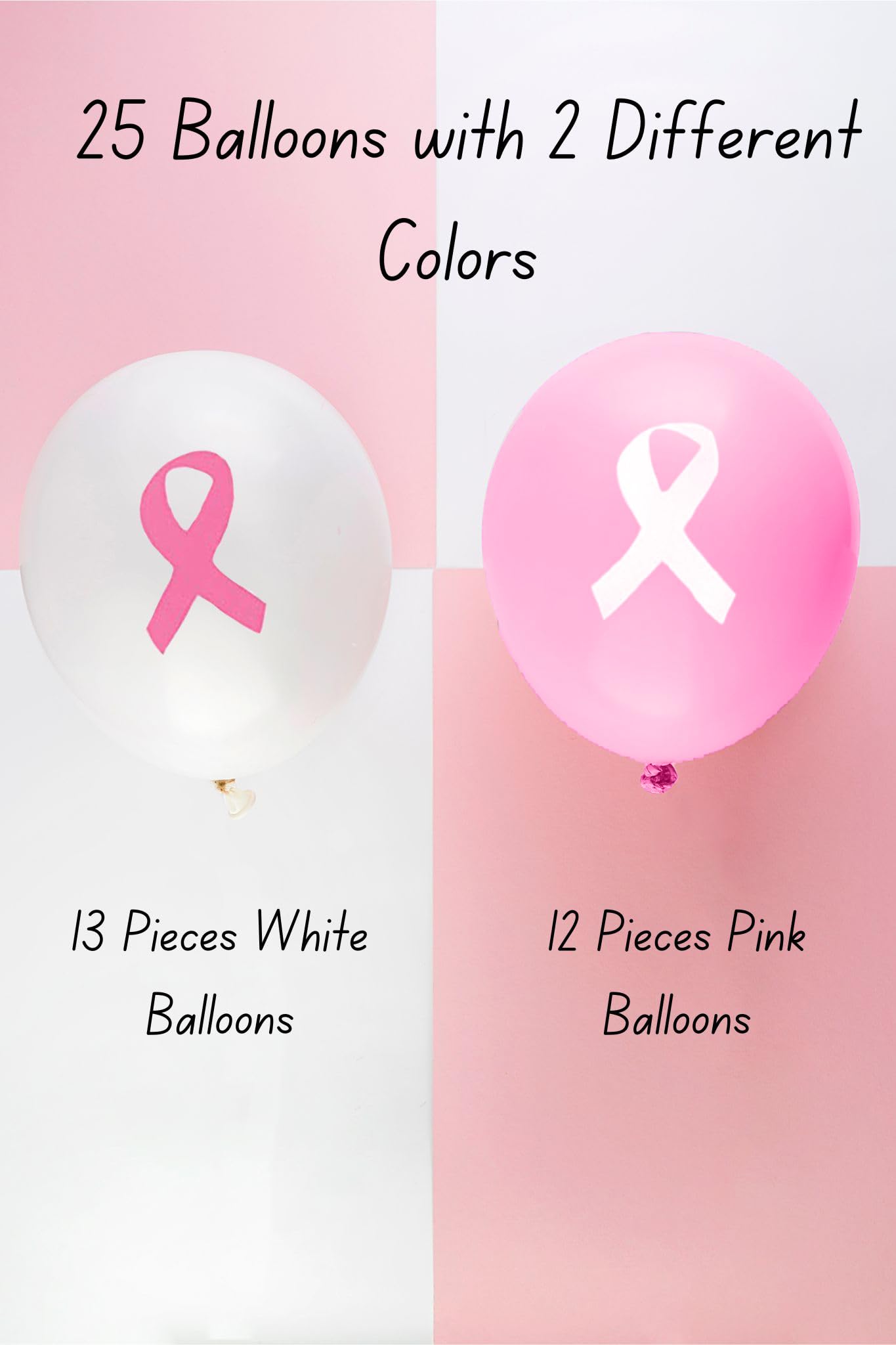 25 Pieces Pink Ribbon Balloon - Breast Cancer Awareness Balloons Set - 10 Inch Size (13 White, 12 Pink Balloons)