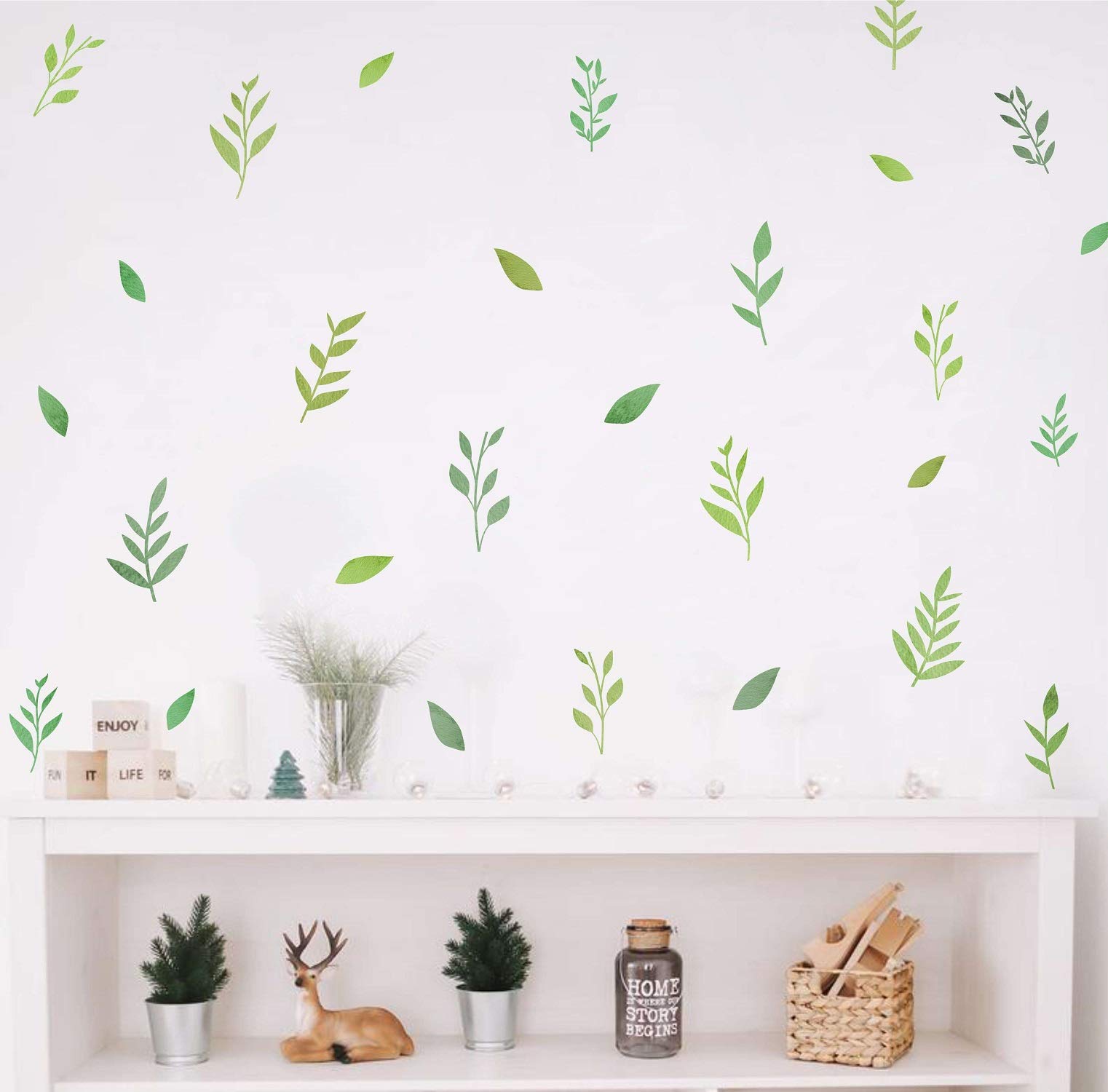 IKEYU Green Leaf Wall Decals Watercolor Leaves Wall Stickers Small Green Leaves Wall Decal Fresh Leaf Wall Sticker for Nursery Bedroom Living Room