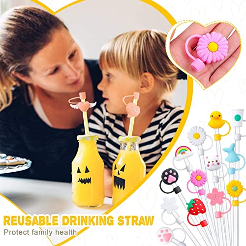 16 Pieces Reusable Drinking Straw Tips Lids Anti-dust Silicone Straw Caps for 7-8 mm Straws Airtight Seal Splash Proof Straw Tips Covers (Flower Animal Style)