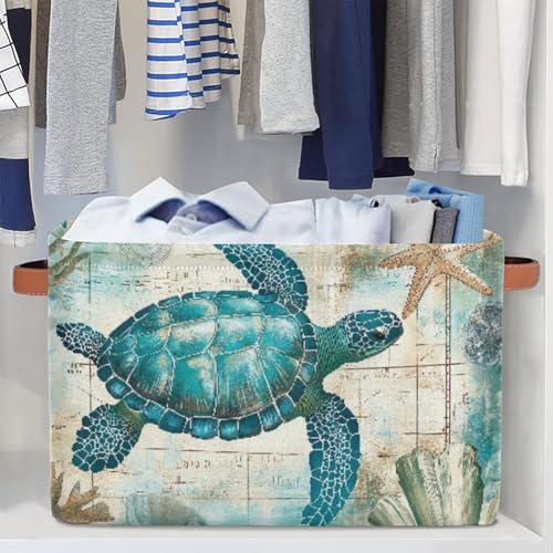 Sea Turtle Retro Map Storage Basket Bin Nautical Ocean Starfish Large Fabric Toys Storage Cube Box with Handles Collapsible Closet Shelf Cloth Organizer Basket for Nursery Bedroom Gift