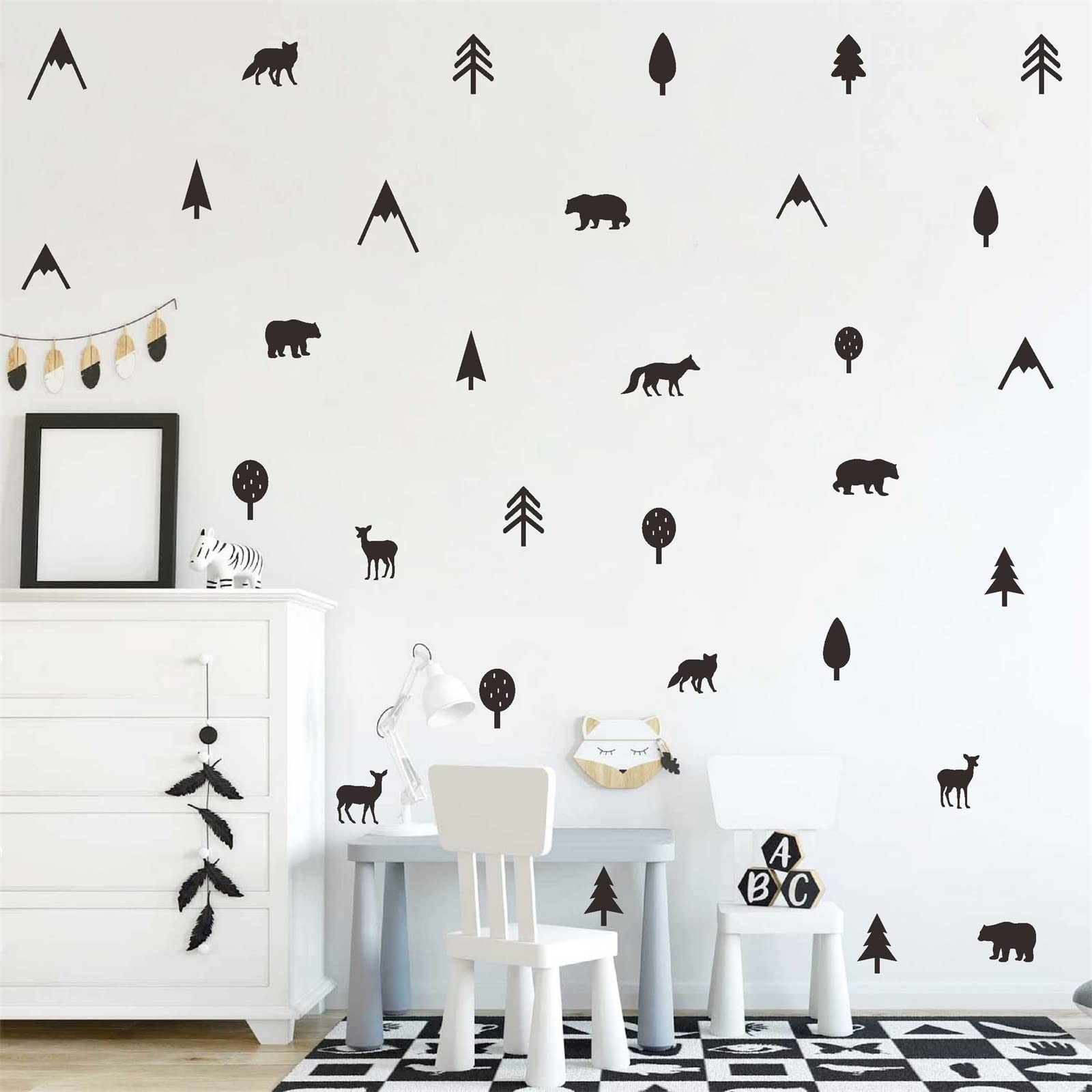IKEYU Woodland Animals Wall Stickers Mountain Tree Wall Decals Black Vinyl Jungle Stickers Forest Animals Wall Decals for Kids Room Nursery Bedroom Decor