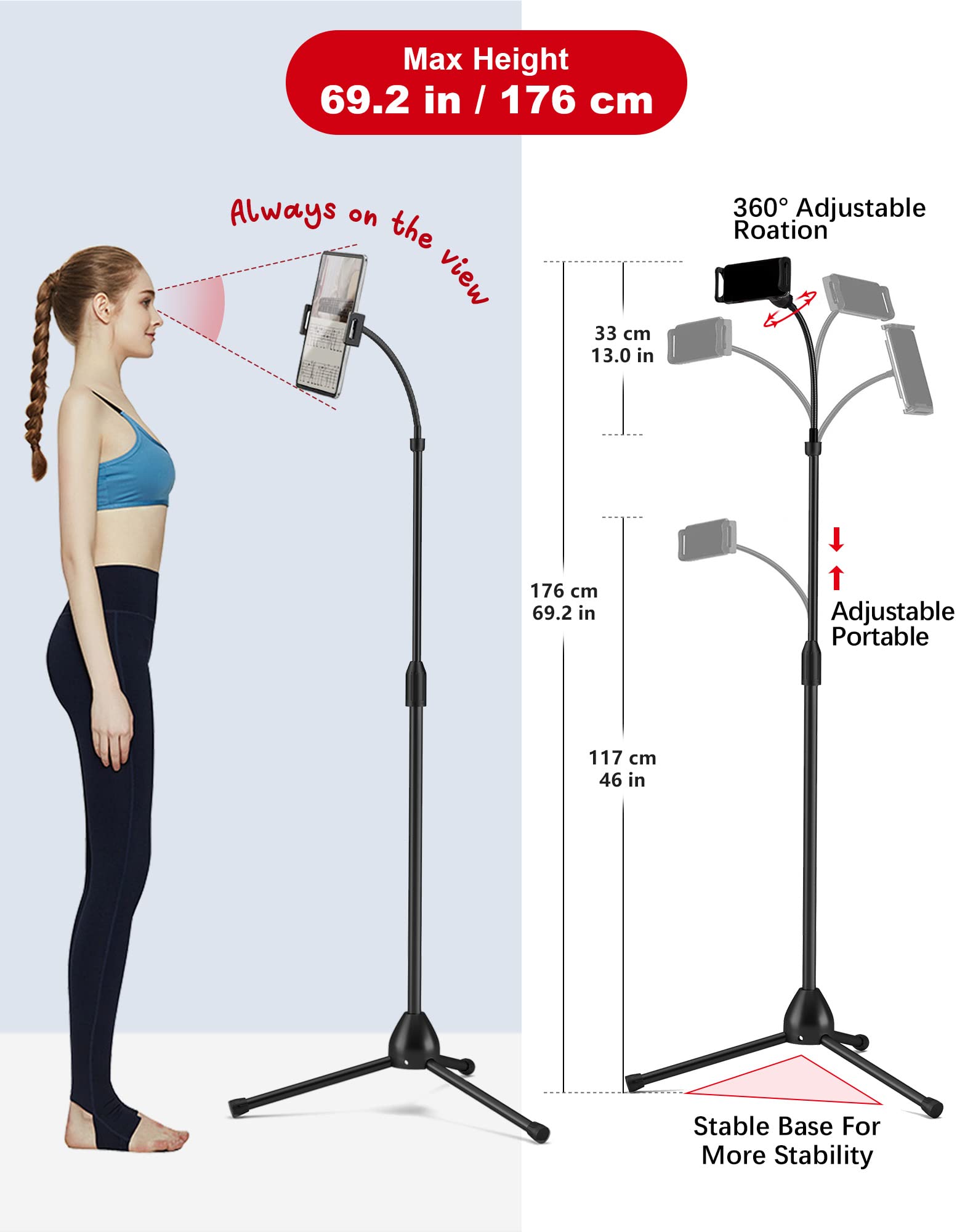 ONE TO FOUR Phone Tripod Stand, 69" Height Adjustable Gooseneck Tablet Floor Stand, Tall Stand with 360 Swivel, Extended iPad Stand Holder for All Mobile Phones, Tablet, iPhone, iPad (3.5-12.5in)