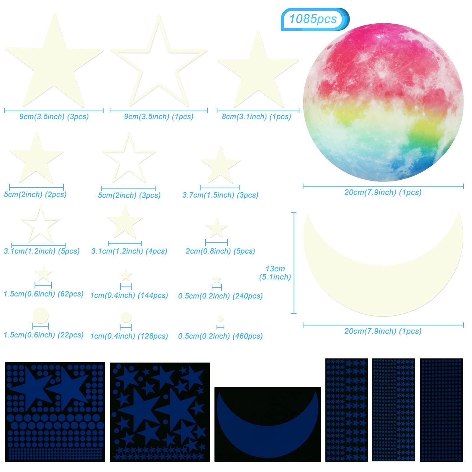 GWHOLE 1085 Pcs Glow in The Dark Stars Stickers Ceiling Wall Decals Moon Stickers for Kids Nursery Bedroom Home Decorations Kids Birthday Gift