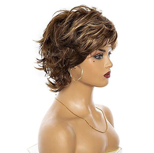 SENHORAS Short Hair Wigs for White Women Dark Brown Mixed Blonde Pixie Cut Wig with Bangs Brown with Highlights Wavy Synthetic Wig Natural Real Hair