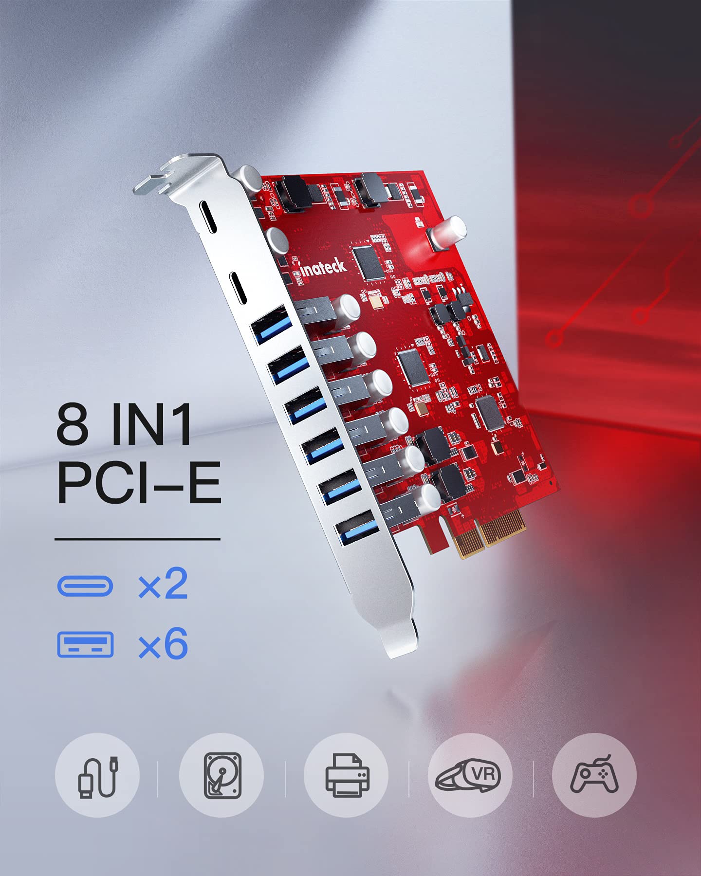 Inateck PCIe to USB 3.2 Gen 2 Extension Card with 16 Gbps Bandwidth, 6 USB Type-A and 2 USB Type-C Ports, RedComets U22