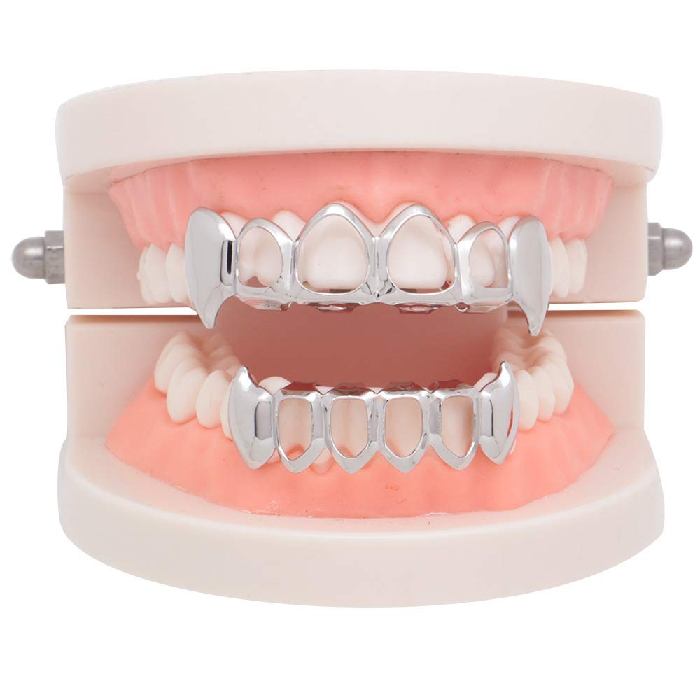 18K Gold Plated Grillz Fangs 6 Open Face Silver Plated Top & Bottom Set