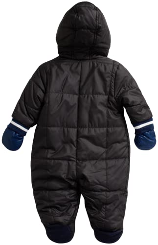 URBAN REPUBLIC Baby Boys' Pram Snowsuit - Quilted Fleece Lined Bodysuit - Outerwear Coveralls, Removable Mittens (3-9M), Size 9 Months, Black Sherpa Footed