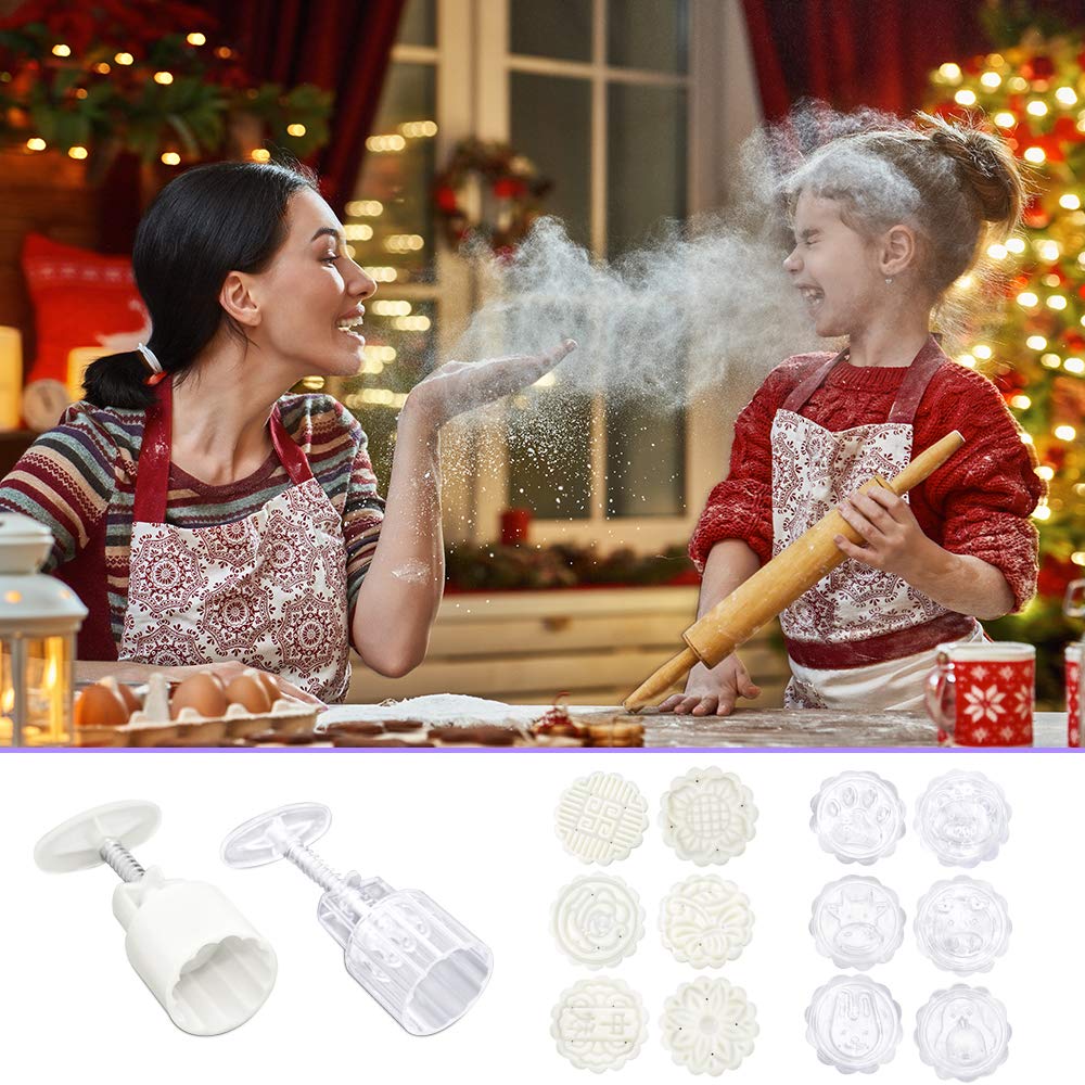 2 Pack Mooncake Mould with 12 Cookie Stamps, FineGood Flower Animal Moon Cake Mold Press 50g Hand Pressure Mooncake DIY Tools for Baking Cookies