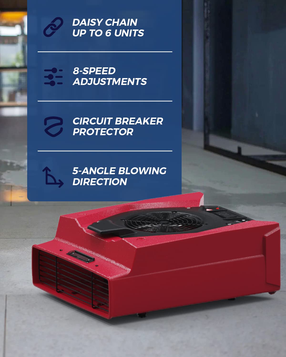 ALORAIR Zeus 900 Air Mover Commercial Blower for Carpets, Walls, Plumbing Use, Variable Speed Floor Blower Fan, 950 CFM with 1.8 Amps, Circuit Breaker Protection,on-Board Duplex GFCI, Red