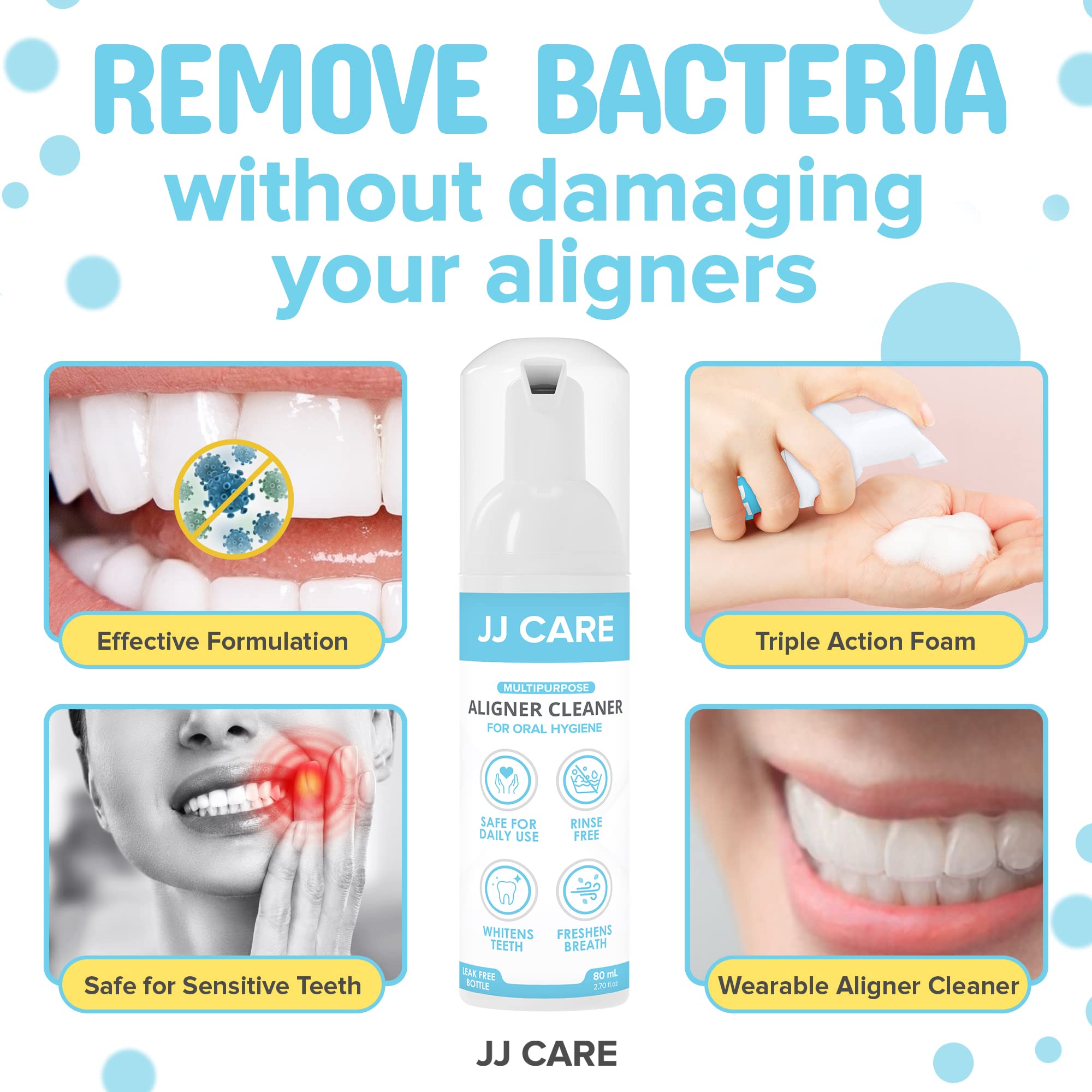 JJ CARE Aligner Cleaner - Pack of 2, 80ml Invisalign Cleaner, Lemon-Flavored Clear Retainer and Aligner Cleaner and Whitener, Kills Bacteria, Whitens Teeth & Fights Bad Breath