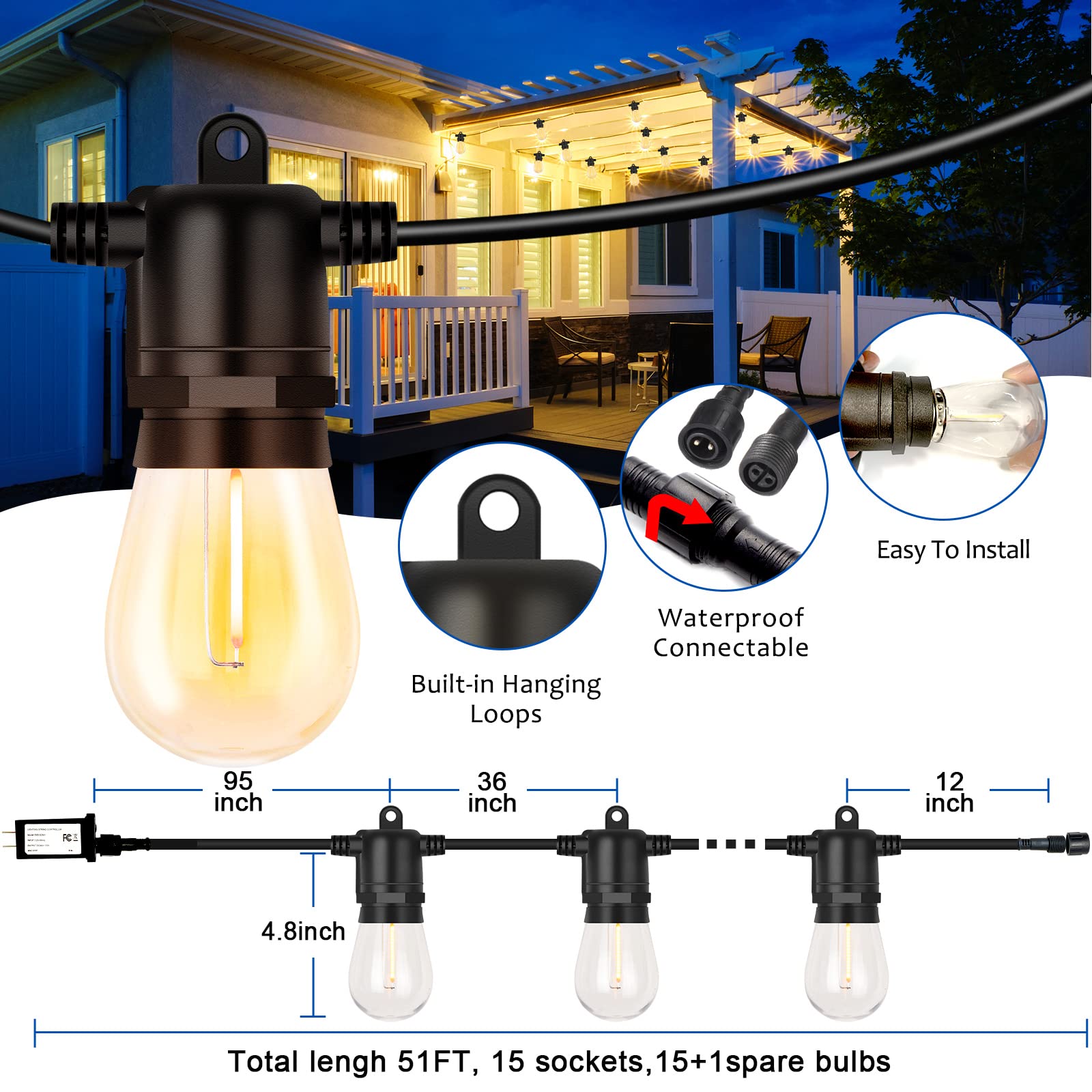 51FT LED Outdoor String Lights with Dimmer Remote, Edison Vintage Shatterproof Bulbs Commercial Grade Weatherproof, Heavy Duty Cafe Patio Lights