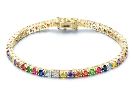 18K Gold Plated 3mm Multi Colored Rainbow Cubic Zirconia Tennis Bracelet