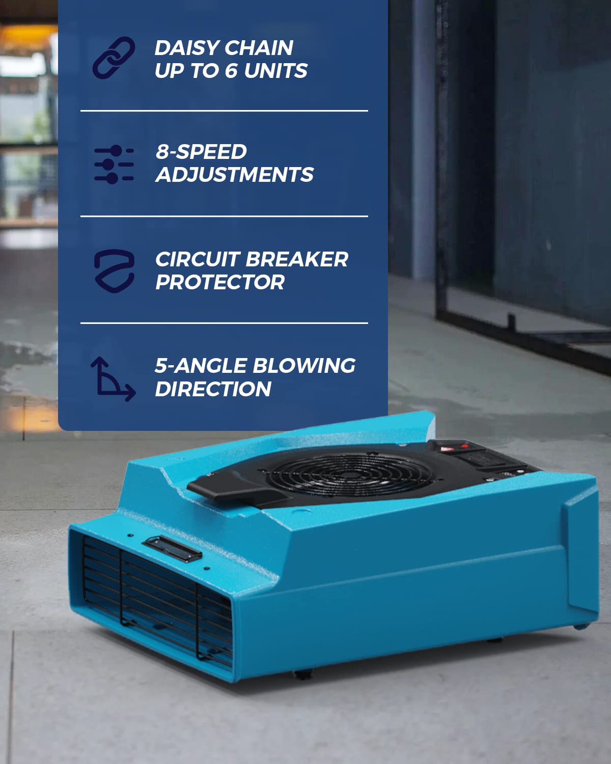 ALORAIR Zeus 900 Air Mover Commercial Blower for Carpets, Walls, Plumbing Use, Variable Speed Floor Blower Fan, 950 CFM with 1.8 Amps, Circuit Breaker Protection,on-Board Duplex GFCI, Blue