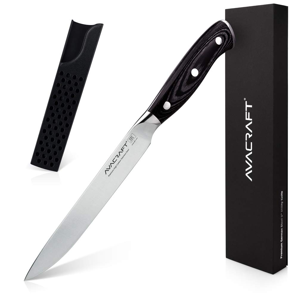 AVACRAFT Kitchen Utility Knife, High Carbon German 1.4116 Stainless Steel, Cutting Chopping Carving Knife, Ergonomic Wooden Handle, Razor Sharp, 5inch Knife with Custom Storage Case