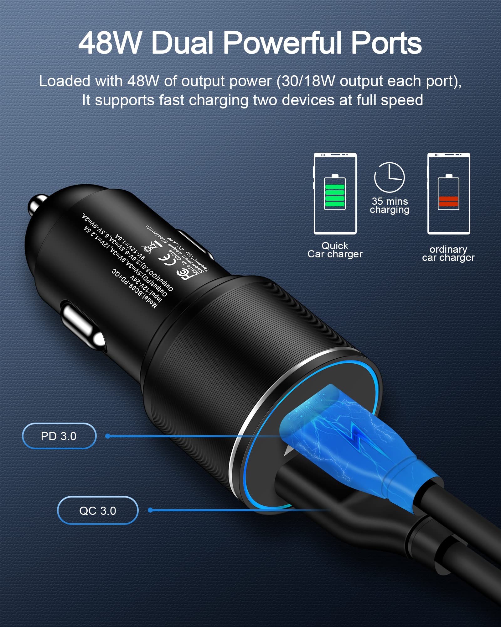 12 Volt USB Outlet, 30w+18w Dual Port USB C Car Charger, Super Fast Charging Cigarette Lighter Adapter Usbc Cargador Carro Auto Plug Phone Car Charger for Android Samsung Galaxy, Google, Apple iPhone