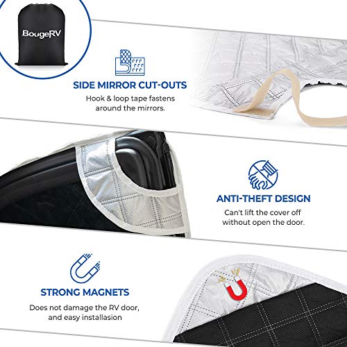 BougeRV RV Windshield Window Snow Cover for Class C Ford E450 1997-2023 Motorhome Windshield Cover Snow Cover for RV Front Window Sunshade Cover RV Accessories 4 Layers with Mirror Cutouts Silver