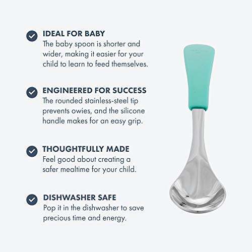 Avanchy Baby Spoons, Forks Stainless Steel and Silicone Set, Self Feeding Food Utensils, 4 Months Baby Led Weaning