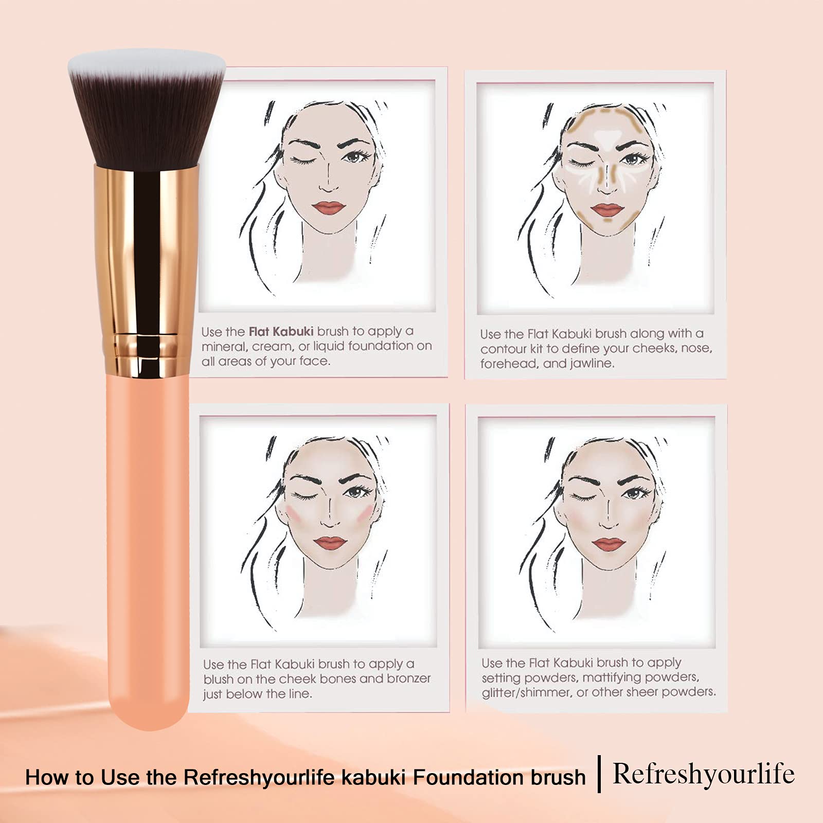 Foundation Brush, Flat Top Kabuki Brush by Refreshyourlife, Liquid Blending Mineral Powder Makeup Brush (Orange)