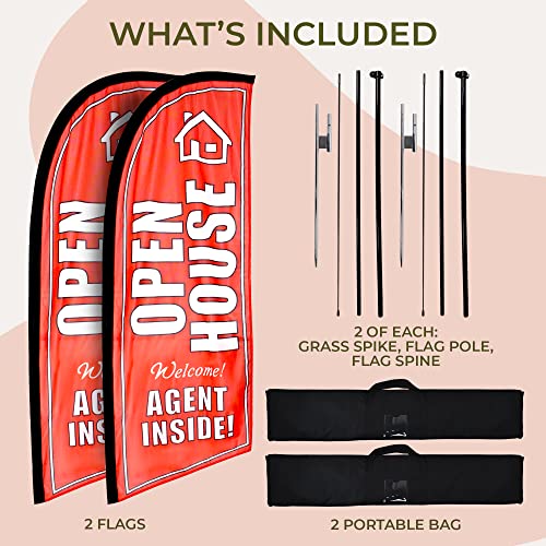 2 Pack Open House Flags Signs Banners or Real Estate Flags for Real Estate Agents or Realtors, with Pole Stake and Carrying Case
