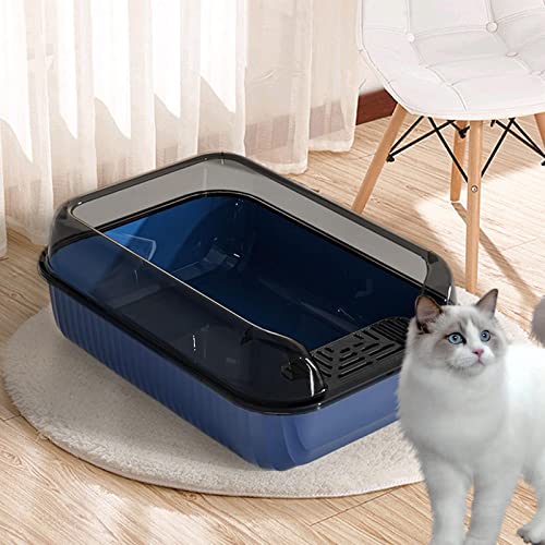 AWHAO Cat Litter Box,Cat Toilet, Stain Resistant Anti Splash Semi Enclosed Sturdy Scatter Shield Cat Bedpan Large Kitty Litter Pan Open Top Cat, Blue