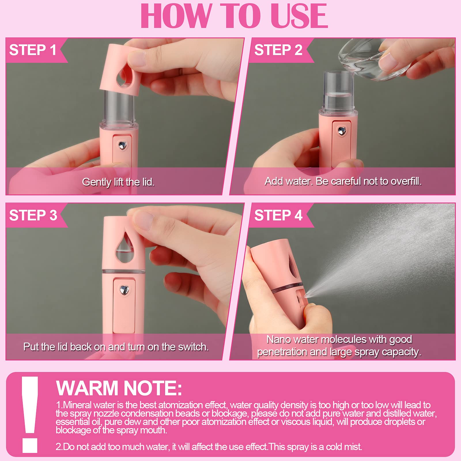 Nano Mist Sprayer Mini Portable Nano Facial Mister Usb Rechargeable Face Mist Steamer with 270 Degree Rotation Lash Mirror & 20ml Visual Water Tank for Makeup Skin Care(Pink)