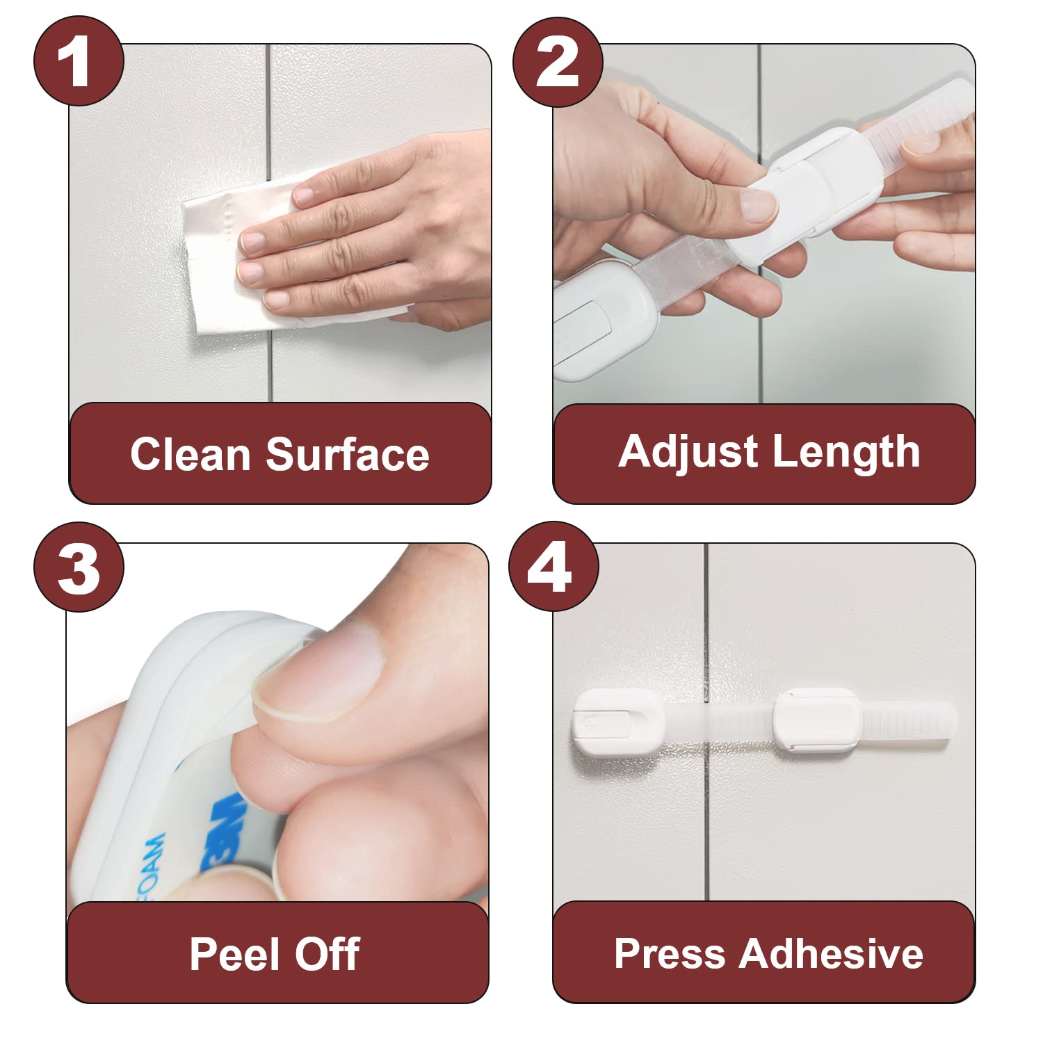 12 Pack Multi-Use Adhesive Straps Locks - Childproofing Baby Proofing Cabinet Latches for Drawers, Fridge, Dishwasher, Toilet Seat, Cupboard, Oven,Trash Can, No Drilling (White) (12)