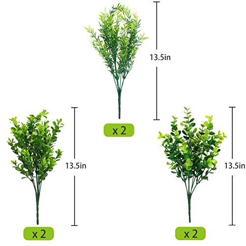 6 Bundles Artificial Greenery Stems Mixed Fake Plants Eucalyptus Rosemary Magnolia Stems Faux Plastic Artificial Plants for Outdoor Indoor Garden Home Window Box Decor