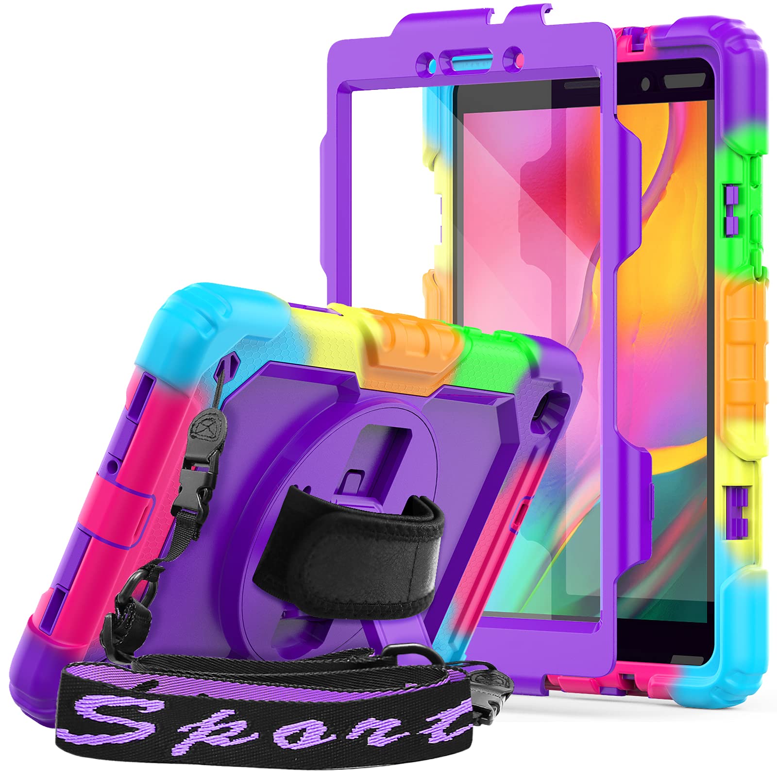ausleben 2019 Case for Samsung Galaxy Tab A 8.0 inch case 2019,SM-T290/SM-T295.Full Body Protection Case with Built-in Screen Protector Pen Holder [360 Rotating Hand Strap] for T290 (Colourful)