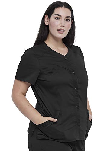 Cherokee Women Scrubs Top Workwear Revolution Snap Front V-Neck WW622, L, Black