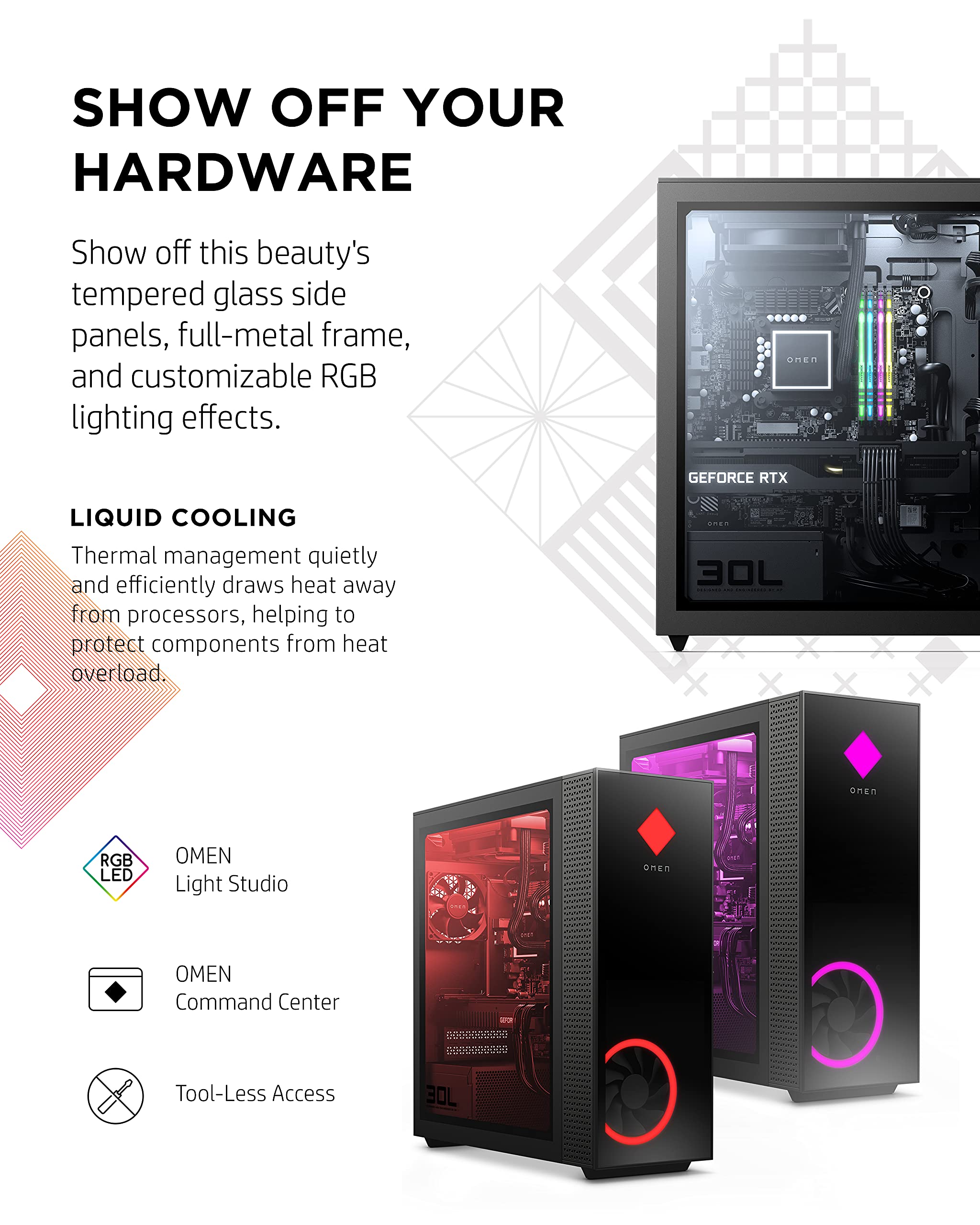 Omen 30L Gaming PC, NVIDIA GeForce RTX 3070, AMD Ryzen 7 5800X, HyperX 32 GB RAM, 1 TB SSD, Windows 10 Pro, Wi-Fi 6 & Bluetooth 5, Liquid Cooling, RGB Lighting (GT13-1170, 2021)