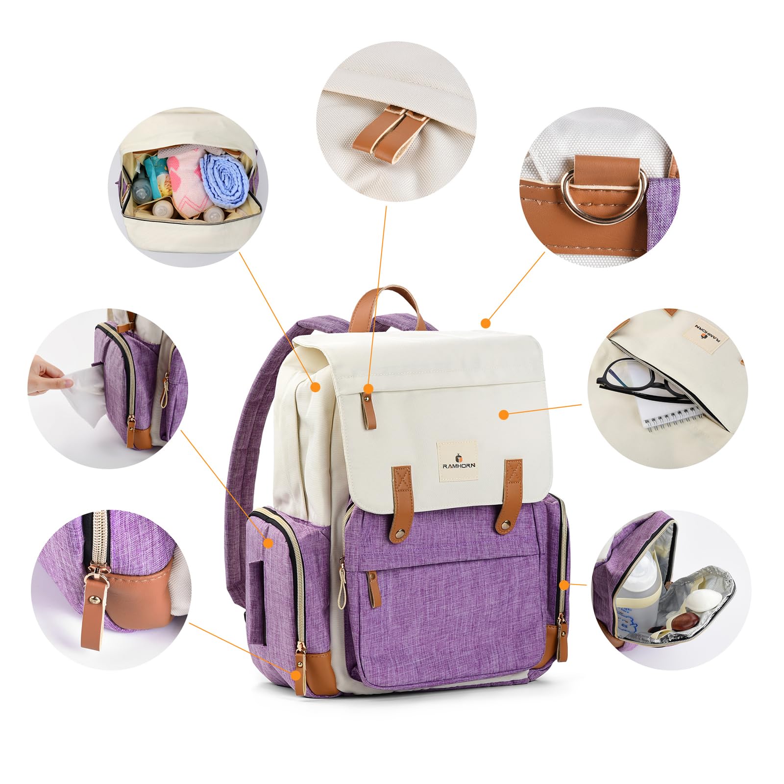 Ramhorn Diaper Bag Multifunction Travel Backpacks for Mom with Insulated Pockets and Laptop Compartment, purple