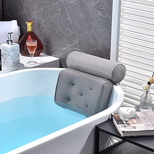 OMYSTYLE Bath Pillows for Tub, Bathtub Pillows with Soft 5D Air Mesh & 5 Large Suction Cups, Quick Dry Spa Bath Pillow for Neck, Head, Shoulder and Back Support - Soft, Non-Slip, Extra Thick | Gray