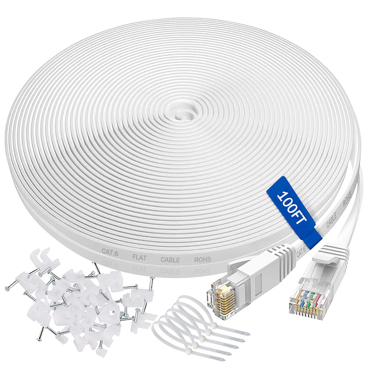 UDATON Cat 6 Ethernet Cable 100 Ft, High Speed Flat Ethernet Cable 100ft, Rj45 Internet Computer LAN Cable, Cat 6 Long Ethernet Cable for PS4,Box,Gaming Switch-White(Free Cable Clips and Straps)
